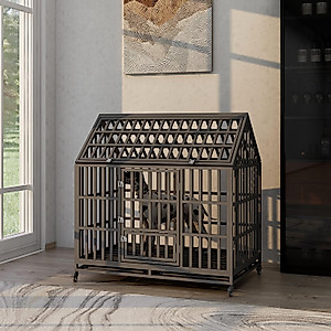 Afqxf Large Dog Crate Cage, 47'' Heavy Duty Galvanized Iron Dogs Cage Kennels Crates Furniture with Front Door, Top Door and 4 Lockable Wheels, Perfect for Patio, Home, Backyard, Black