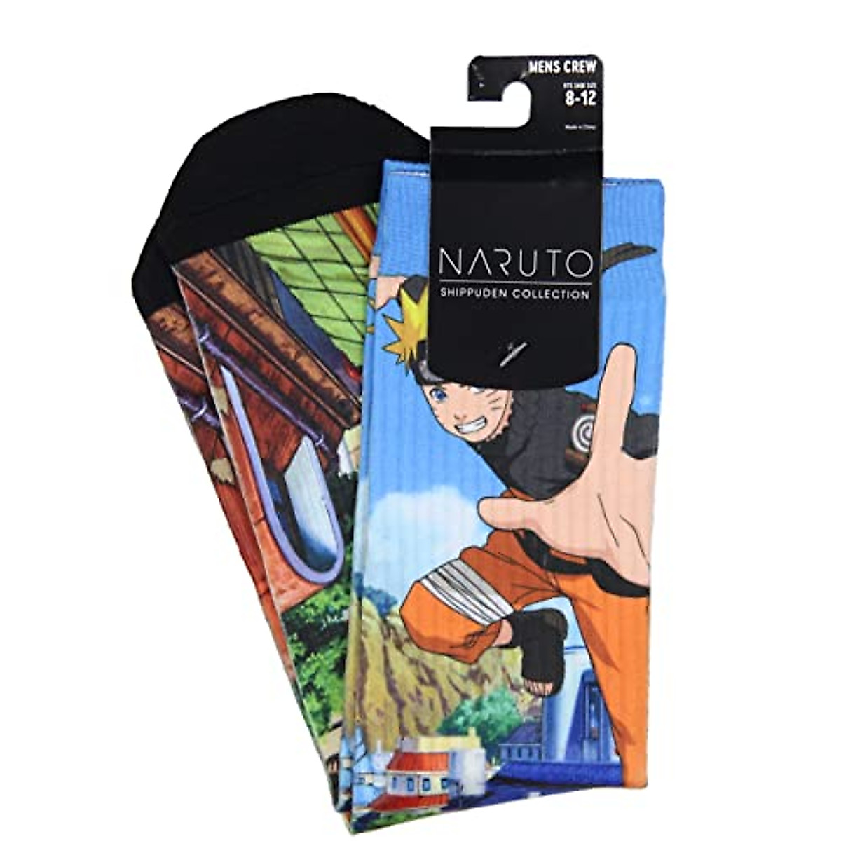 Bioworld Naruto: Shippuden Men's Jumping Naruto Hidden Leaf Village Buildings Crew Socks (8-12)