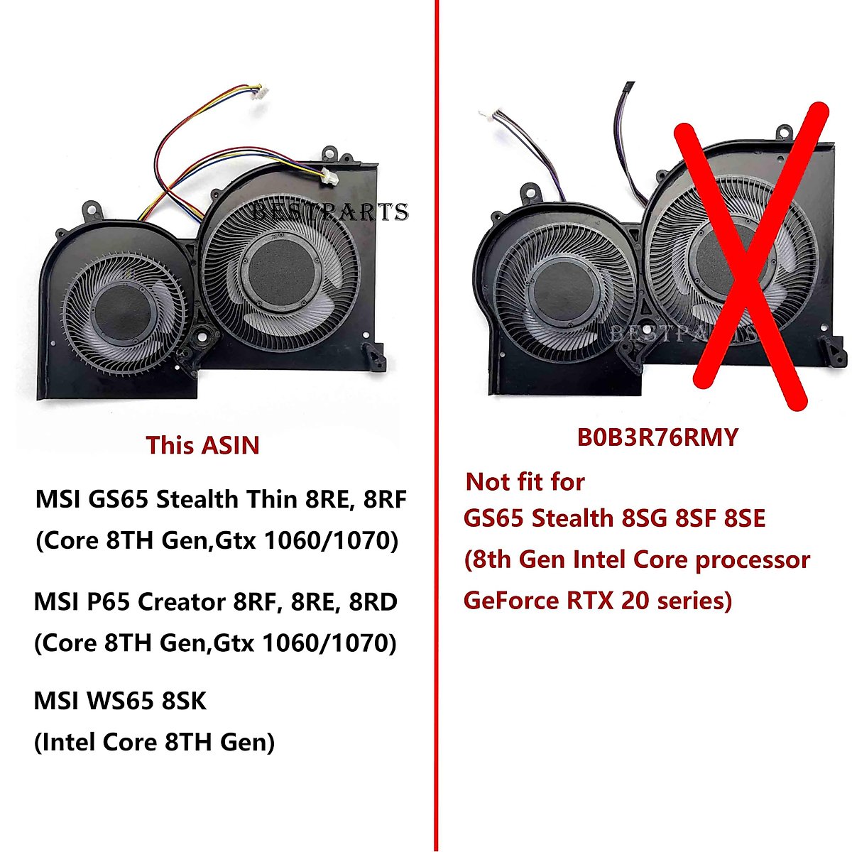 BestParts New CPU+GPU Cooling Fan Replacement for MSI GS65 Stealth Thin, MS-16Q2 P/N: 16Q2-CPU-CW, 16Q2-GPU-CW (Does not fit MS-16Q4 MS-16Q5) Pair Fans