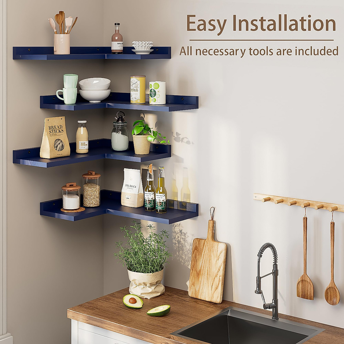 Navy Blue Floating Corner Shelves Set of 4 for Elegant Home Storage