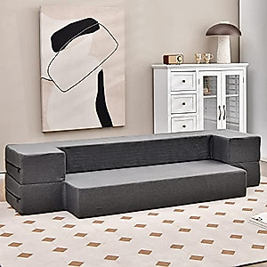 Giantex 8 Inch Folding Sofa Bed Couch, Memory Foam Futon Mattress Linen Fabric Sofa, Floor Couch Lounge Sleeper Bed for Living Room Bedroom Guest Room, Dark Grey, Twin