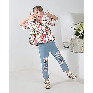 Hearyoo Baby Girl Clothes Infant Toddler Denim Ruffle Sleeve Floral Shirts Tops Ripped Jeans Pants Sets Summer Girl Outfits Red Flower 18-24 Months