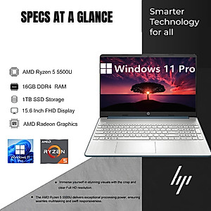 HP 15.6 Inch FHD Business Laptop, AMD Ryzen 5 5500U, Windows 11 Pro, 16GB RAM, 1TB SSD, Fast Charge, SD Card Reader, Long Battery Life, Spruce Blue, PCM