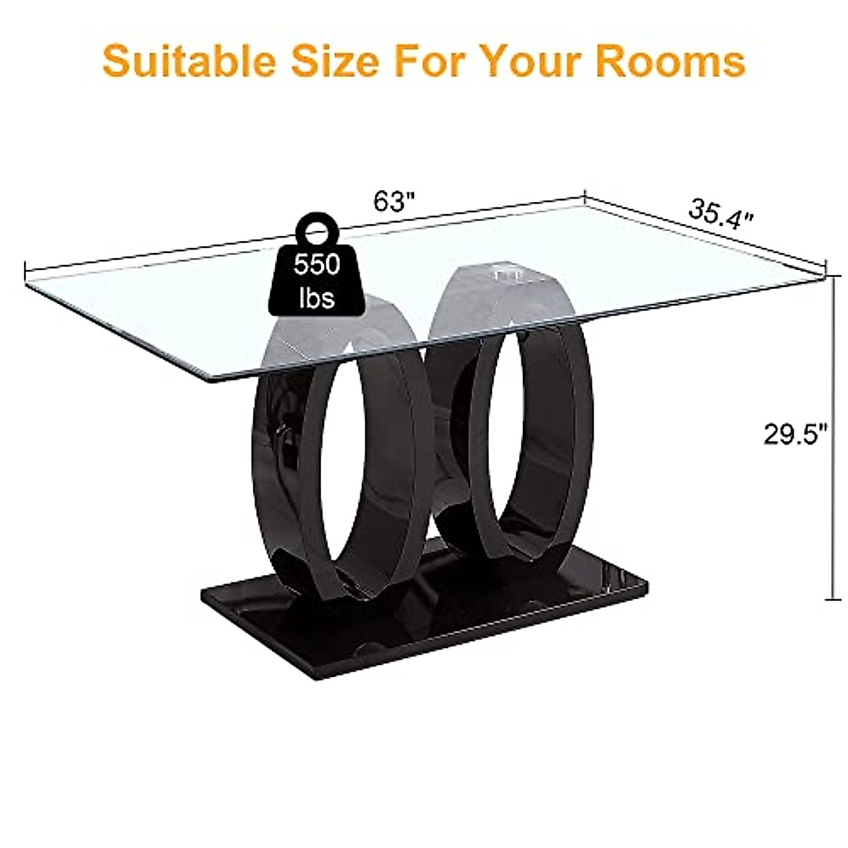 Pvillez Glass Dining Table for 6 People, 63" Modern Glass Dinner Kitchen Table for Dining Room Kitchen, Rectangular Glass Top Dining Table with Black High Gloss Dual Oval Base Pedestal Dining Table
