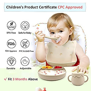 Santi & Me Baby Feeding Set Divided Plate with Suction, Adjustable Silicone Bib, Toddler Training Sippy Cup with Straw, Baby Led Weaning Spoon, Rainbow Plate Dishes and Utensils Set(Beige)