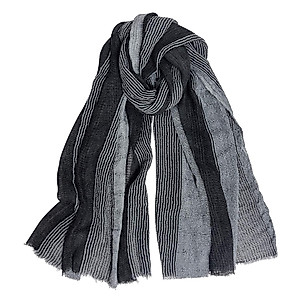 GERINLY Cotton-Linen Scarves Mens Stripe Crinkle Long Scarf Fashion Turban Shawl for Travel Male Wrap (Black)