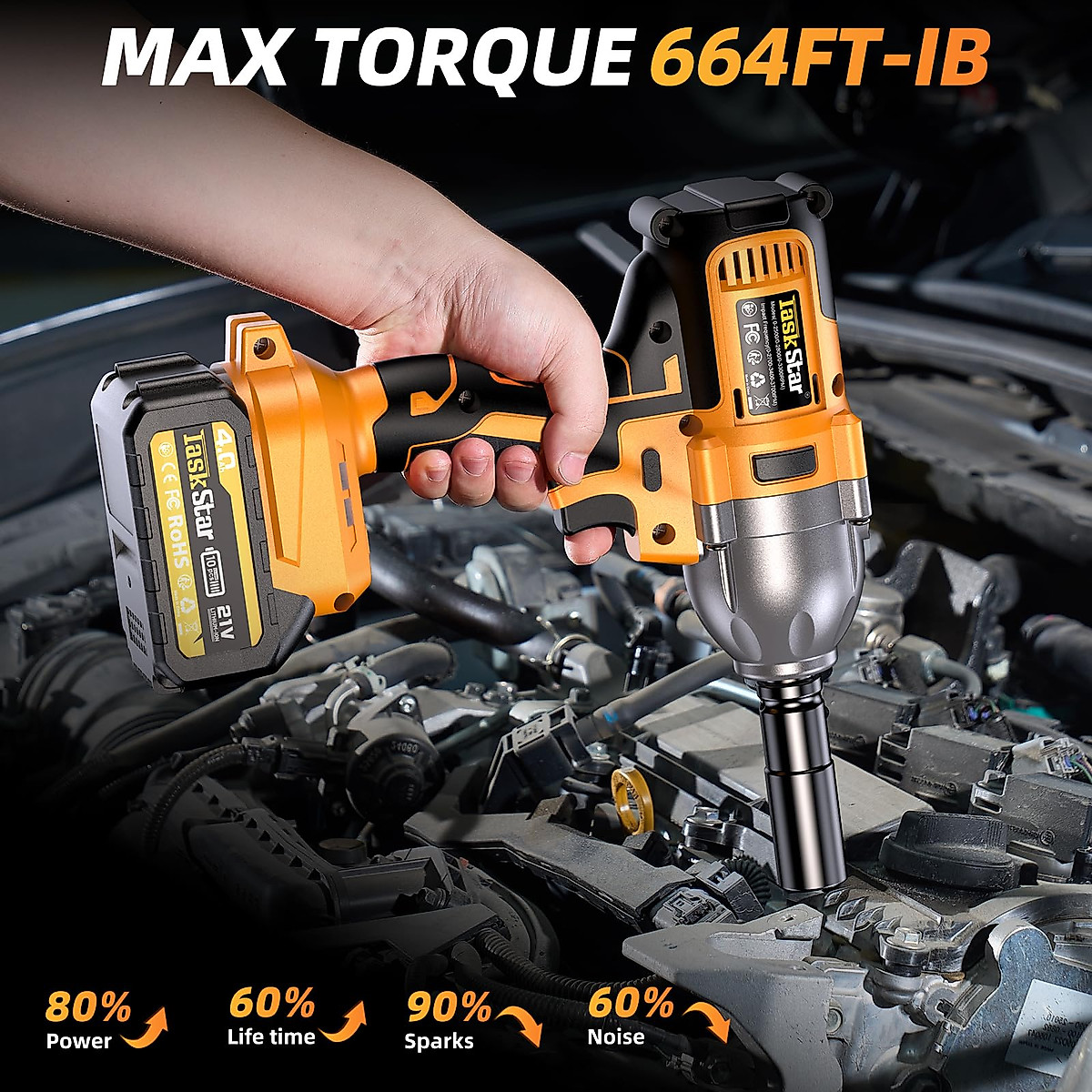 TaskStar Cordless Impact Wrench 1/2 Inch, 900N.m(664ft-lbs) High Torque Brushless Power Impact Gun, 21V 3300RPM Electric Impact Driver with 2x4.0Ah Battery & Fast Charger for Car Tires Truck