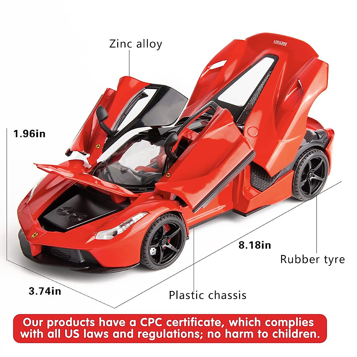 BDTCTK Compatible for 1:22 Ferrari RAFA Toy Model Car, Zinc Alloy Pull Back Car with Sound and Light and Body Door Opened, Toy Car for Kids Boy Girl Gift Red