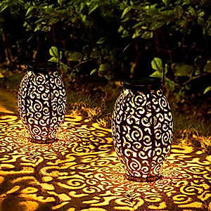 Solar Lanterns Outdoor, 2 Pack Solar Garden Lanterns Waterproof, LED Hanging Lanterns Solar Powered with Handle, Decorative Retro Metal Solar Lights for Table Patio Yard Pathway Walkway Christmas