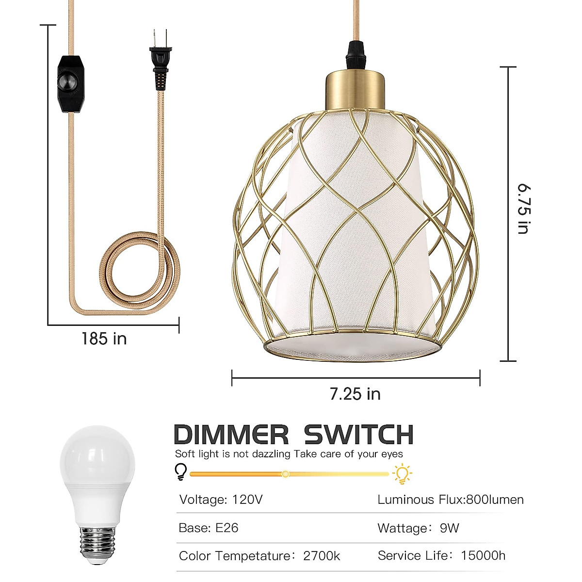 Ruzectt Plug in Pendant Light,Hanging Light with Plug in Cord,Gold Hanging Lamp with Dimmable Switch,15 ft Golden Cotton Cord,Hanging Light Fixture for Kitchen Living Room Bedroom (Bulb Included)