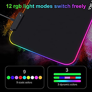 YXLILI RGB Mouse Pad, Led Gaming Mouse Pads 13.8" X 9.8" with 12 Lighting Modes, Anti-Slip Rubber Base Mousepads Water Resistant Mouse Mat for Wireless Computer Mouse for Office Home Gaming Working