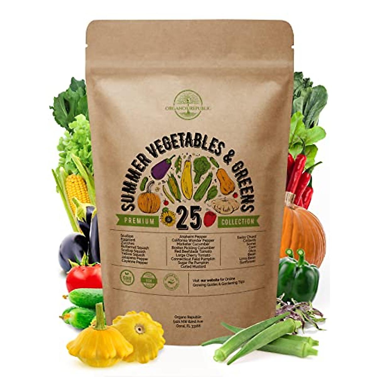 25 Summer Vegetable Garden Seeds Variety Pack for Planting Outdoors and Indoor Home Gardening 2500+ Non-GMO Heirloom Veggie & Salad Green Seeds: Collards Tomato Pepper Okra Onion Bean Cucumber & More