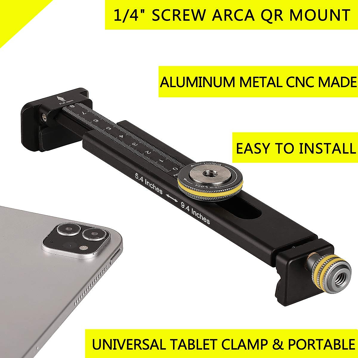 Aluminum iPad Holder for Tripod Mount, Universal Phone Tablet Clamp Tripod Adapter Bracket w Cold Shoe Mount 1/4 inch Screw and Acra Swiss Rail for iPad 4/Mini/Air/Pro/Surface Pro/iPhone/Galaxy Tab