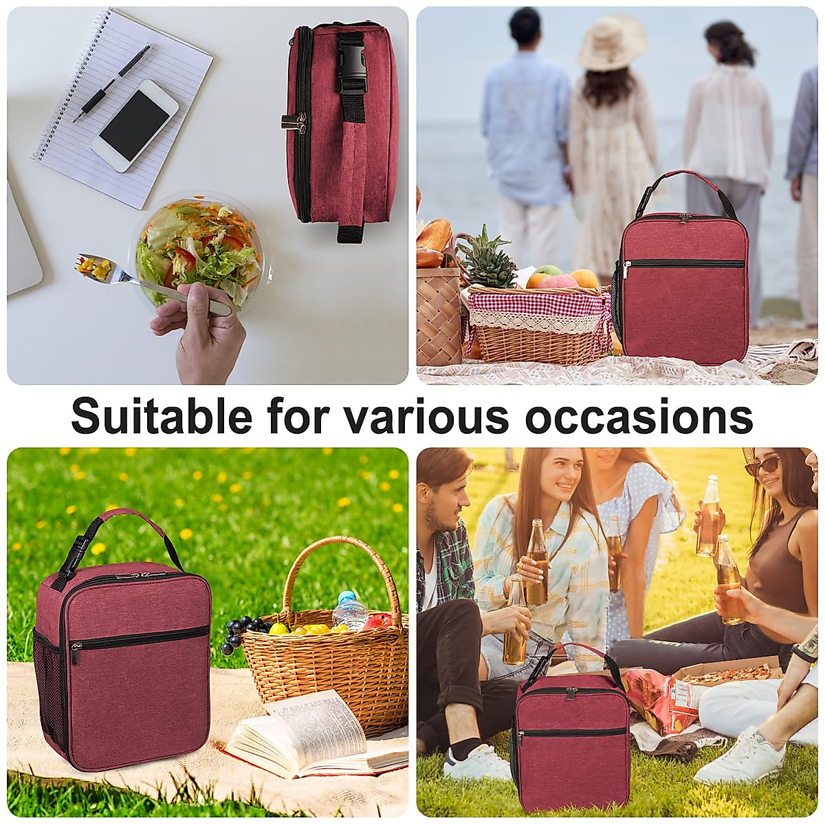 NZOLIA Lunch Box for Men/Women Leakproof Small Lunch bag Reusable Food Safe Durable Lunch container Compact Cooler Tote for Office Work Picnic Hiking Beach Fishing-Red