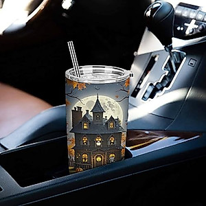 FHENMSA Stainless Steel Insulated Travel Coffee Mug,Moon Castle Print Reusable Car Cup,Thermal Cup for Outdoor with Straw And Lid