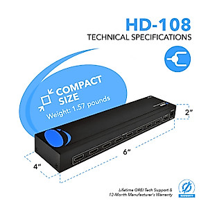 OREI HDMI Splitter 1 in 8 Out with Video Resolutions up to 4K@30hz, EDID Management, 10.2 Gbps Video Bandwidth & Plug and Play Installation