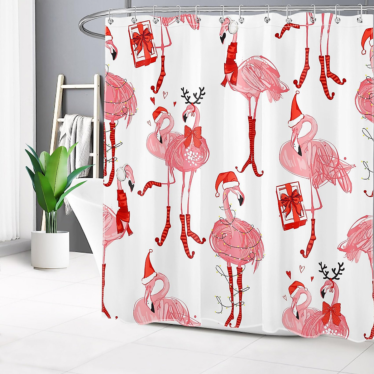HVEST Christmas Flamingo Shower Curtain for Bathroom Decor, Pink Bird Flamingo and Gift on White Shower Curtain with Hooks, Tropical Christmas Bathroom Curtains Shower Set, 72L x 72W inches
