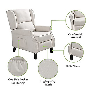 RYONGII Wingback Recliner Chair with Heating and Massage Tufted Fabric Recliner Sofa Furniture,Thick Seat Cushion and Backrest Modern Living Room and Bedroom (Ivory)