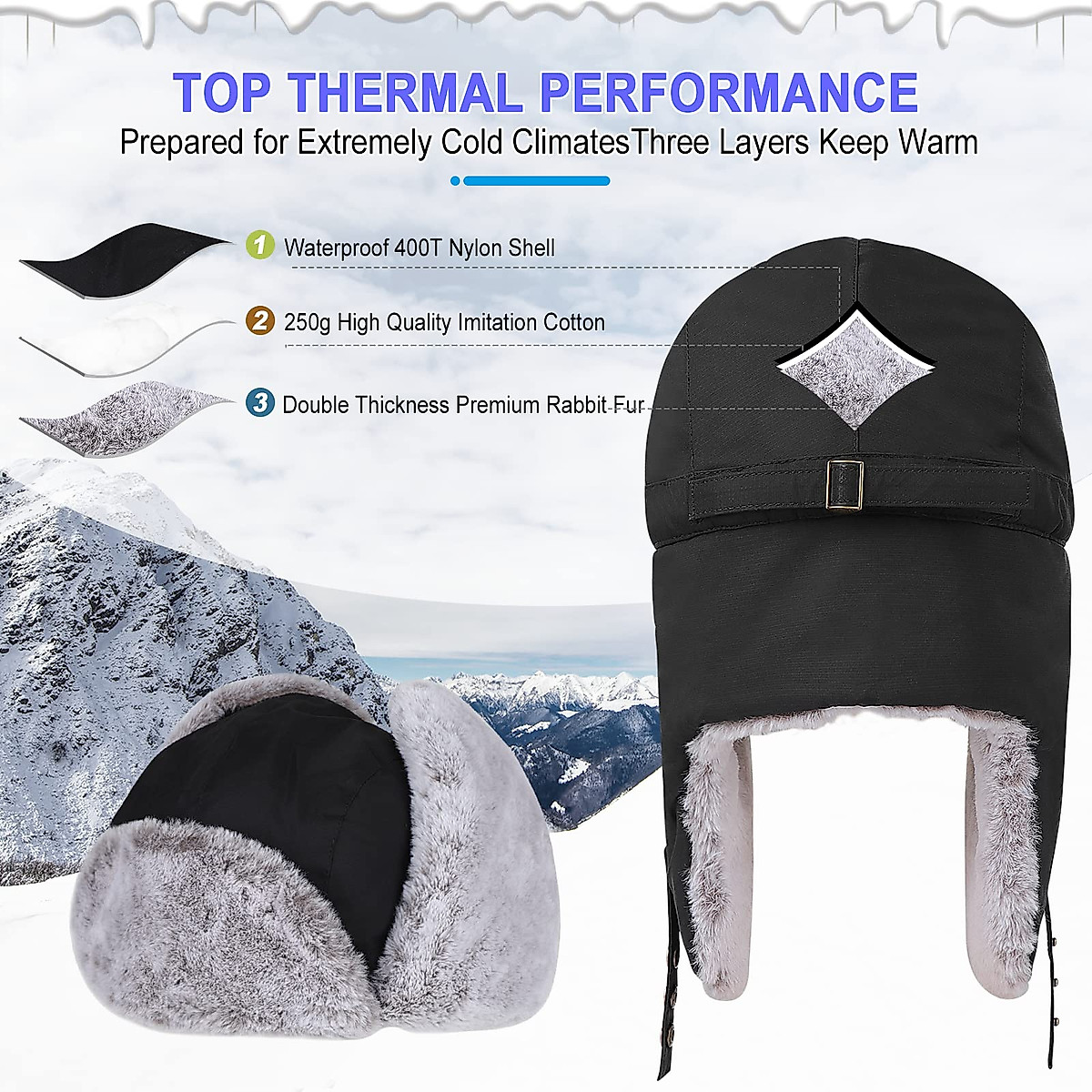 POL PARKMAN Winter Trapper Hat for Men Women, Russian Ushanka Aviator Warm Cold Trooper Hat for Skiing Hunting Black