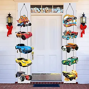Hot Cars Porch Sign Door Hanging Banner, Cars Themed Birthday Party Supplies for Boys and Girls Kids Party Decorations Decor