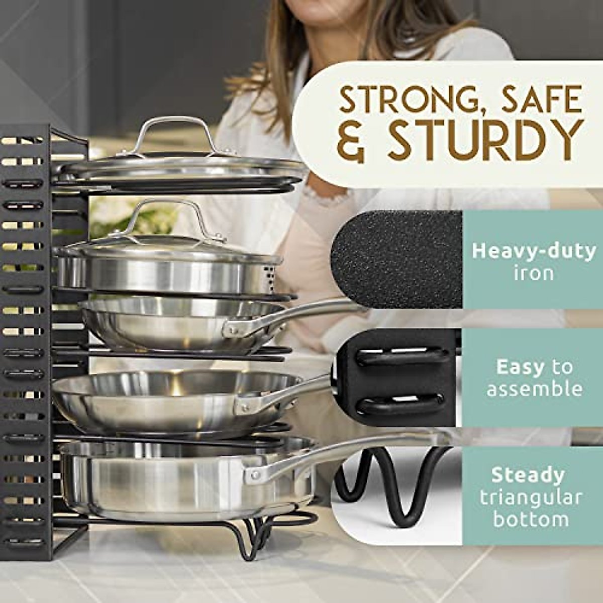 GeekDigg Pot Rack Organizer For Cabinet or Countertop, 3 DIY Methods Pot Rack, Height and Position are Adjustable 8+ Pots and Pan Lid Holder, Black Metal Kitchen Pantry Organizer Upgraded Version