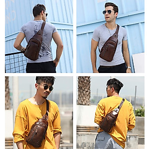 Genuine Leather Men Bag Shoulder Bags Backpack Outdoor Casual Crossbody Bag (Brown)
