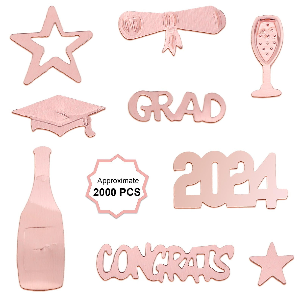 Konsait 2024 Rose Gold Graduation Confetti, 2 Oz/ 1700+ Pieces Graduation Table Decorations Congrats Stars 2024 Cap Goblet Diploma Confetti for Birthday Graduation Decorations Party Decor Supplies