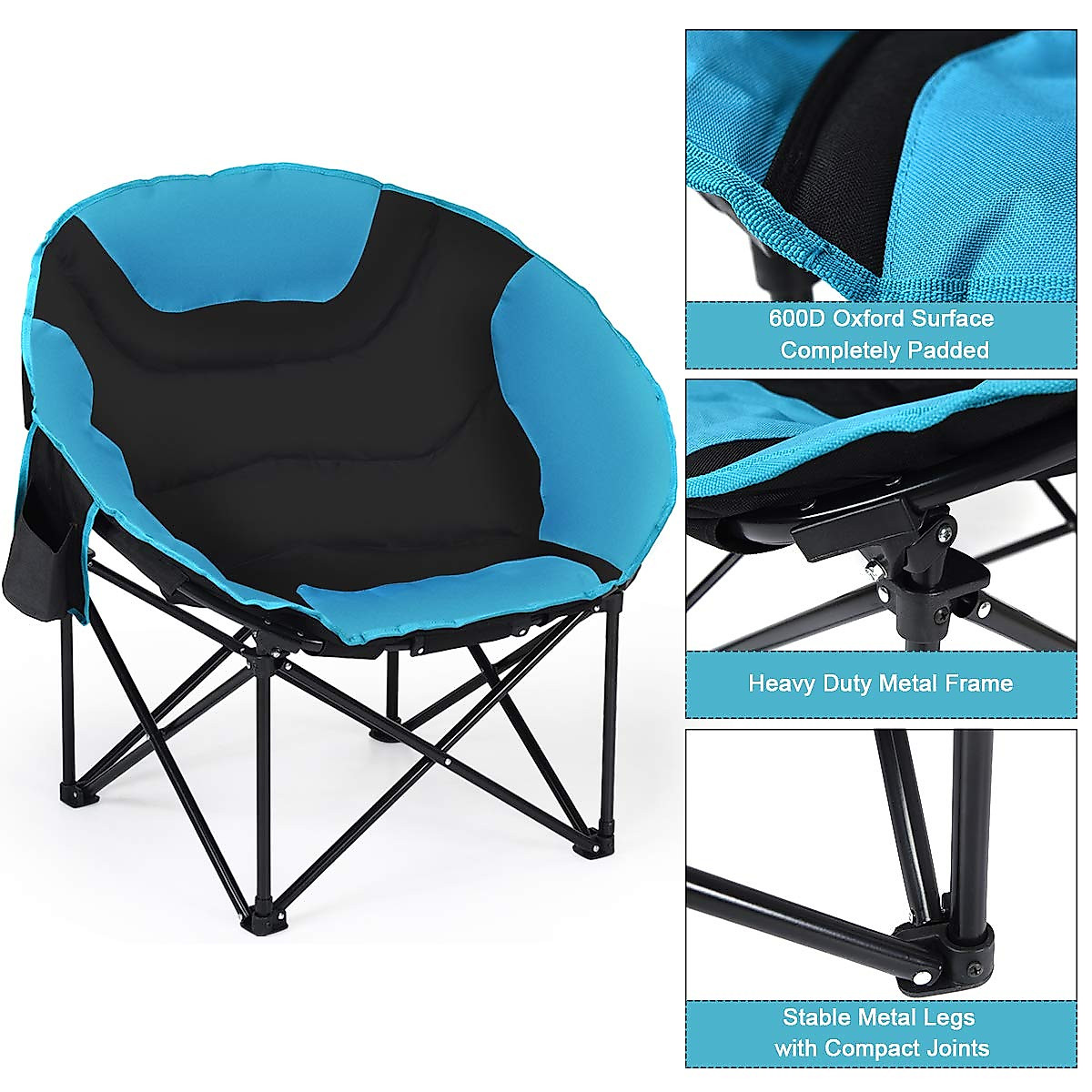 Giantex Folding Camping Chair Moon Saucer Chair Lightweight Sofa Chair Round Beach Chair with Soft Padded Seat, Cup Holder, Back Bag and Metal Frame Chairs for Hiking, Camping, Fishing or Picnic