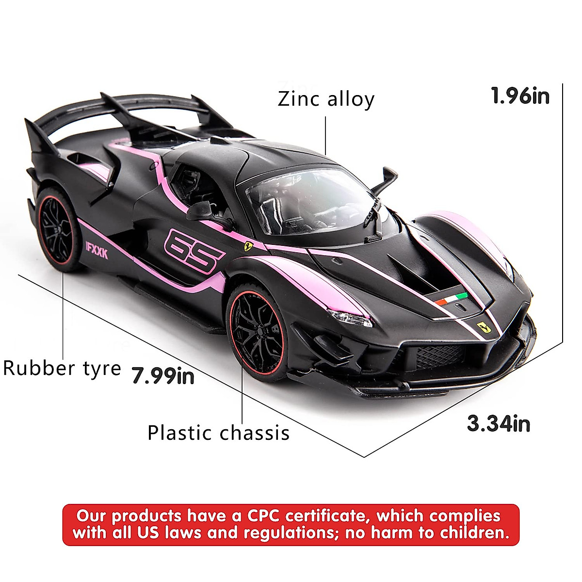 BDTCTK Compatible for 1:24 Ferrari FXXK Diecast Car Model, Zinc Alloy Pull Back Car with Sound and Light for Kids Boy Girl Black