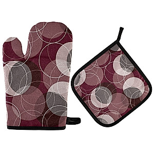 Poeticcity Retro Rings Maroon Grey Fuchsia Circles Oven Mitts Pot Holders Sets, Potholder Hot Pads Heat Resistant Kitchen Oven Gloves for Cooking Baking Grilling Barbecue