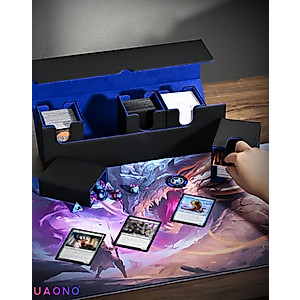 UAONO Card Storage Box with Dice Tray for MTG Yugioh, 5 in 1 Card Deck Case Holds 900+ Unsleeved Cards, Strong Magnet Card Organizer for Magic Commander TCG CCG Sports Cards (Black&Blue)