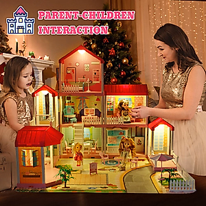 Mini Tudou Doll House Dreamhouse for Girls, Dollhouse with Lights, Play Mat and Dolls,DIY Building Pretend Play House with Accessories Furniture and Household Items,Playhouse for Girls 3-12 (9 Rooms)
