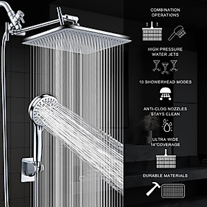 BSTKEECL 14”High Pressure Rain Shower Heads with Handheld Spray with Long Hoes Combo Rainfall Showerhead with 9Shower Water Sprayer Modes & Adjustable Extension Arm CP