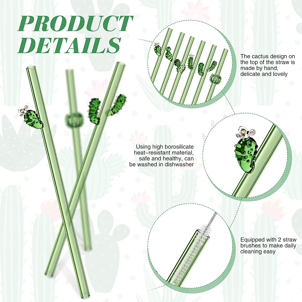 6 Pcs Reusable Glass Straws with Design, 8 mm x 7.9 Inches Cactus on Green Straws Straight Glass Cactus Straws with Cleaning Brush for Smoothie Cocktail Juice Shakes Beverages
