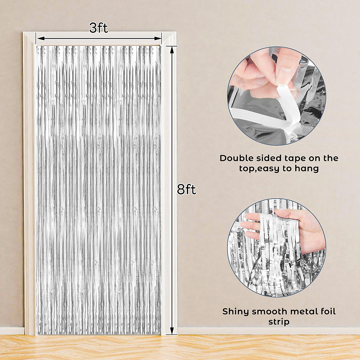 BTSD-home Silver Foil Fringe Curtain, Metallic Photo Booth Backdrop Tinsel Door Curtains for Wedding Birthday Bridal Shower Baby Shower Bachelorette Christmas Party Decorations(4 Pack, 8ft x 3ft)