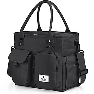 Hafmall Large Insulated Lunch Bag for Women Men, Leakproof Lunch Box for Adults, Wide Opening Lunch Tote Bag with Shoulder Strap, Reusable Lunch Cooler Bag for Work, Picnic, Black