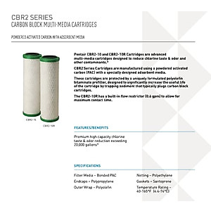 Pentair Pentek CBR2-10R Carbon Water Filter, 10-Inch, Under Sink Carbon Block Multi-Media Replacement Cartridge with Built-In Flow Restrictor, 10" x 2.5", 0.5 Micron