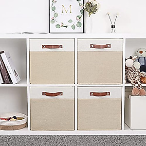Temary Cube Storage Bins Storage Basket for Shelves Fabric Storage Cubes Closet Baskets for Cube Storage with Leather Handles, Cloth Bins for Home and Office (White & Khaki, 13x13x13 Inch)