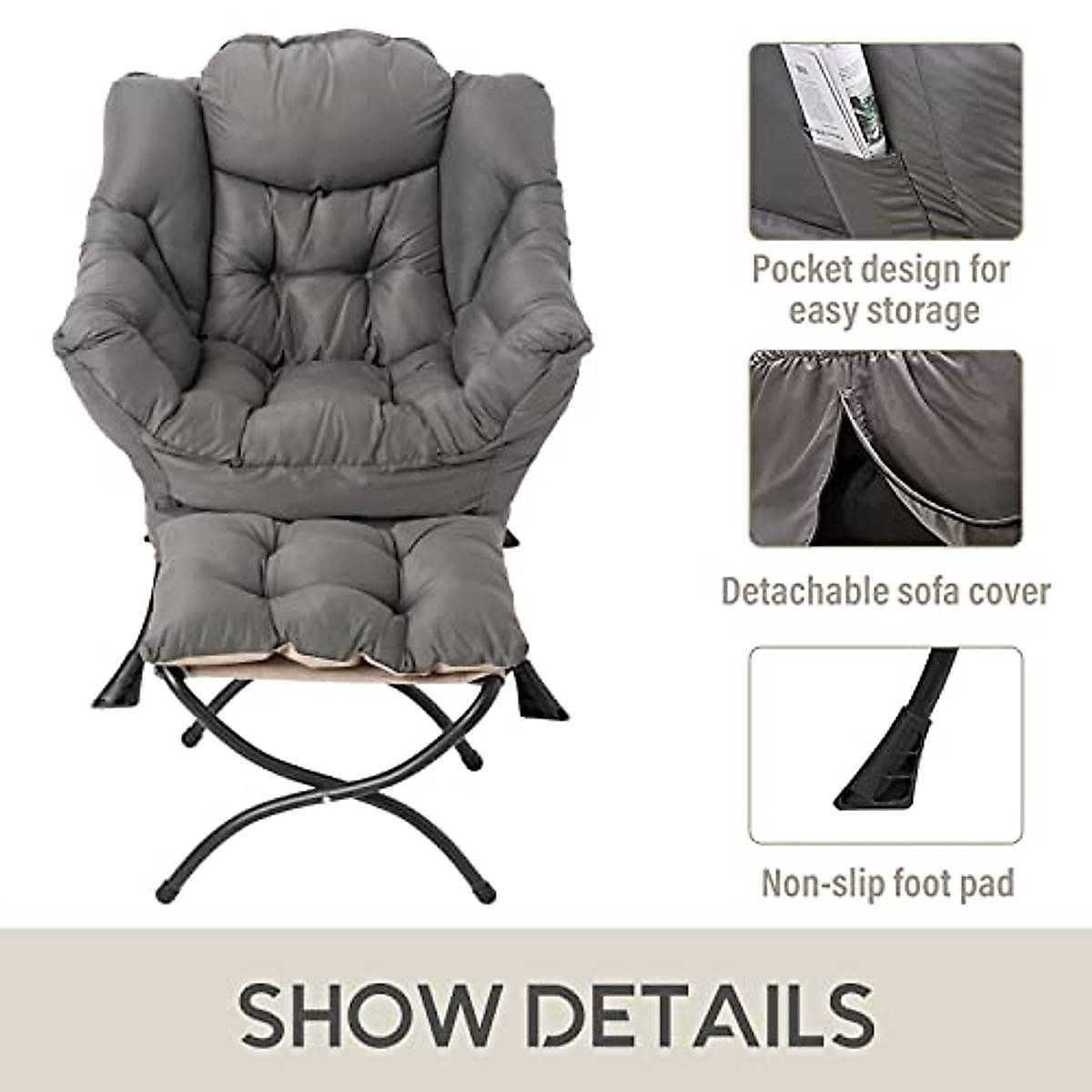 LITA Modern Lazy Chair with Ottoman, Accent Contemporary Lounge Chair Single Leisure Upholstered Sofa Chair Set with Armrests and a Side Pocket, Reading Chair for Living Room & Bedroom, Dark Grey