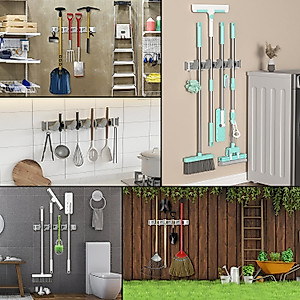 Holikme Mop Broom Holder Wall Mount Metal Pantry Organization and Storage Garden Kitchen Tool Organizer Wall Hanger for Home Goods (4 Positions with 4 Hooks, Silver)