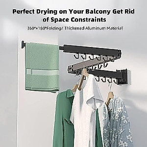 BHeadCat Clothes Laundry Drying Rack Wall Mounted, Retractable Garment Hanger with Hooks, Easy to Install, Strong Load-Bearing, Tri-Collapsible Clothes Dry Rack for Balcony, Bathroom, Bedroom