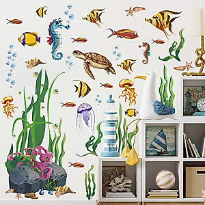 RW-1073 3D Ocean Wall Decals Under The Sea Fish Wall Stickers Ocean Animals Wall Art Decals View Under Sea Removable DIY Stickers for Kids Babys Bedroom Bathroom Living Room Nursery Home Decoration