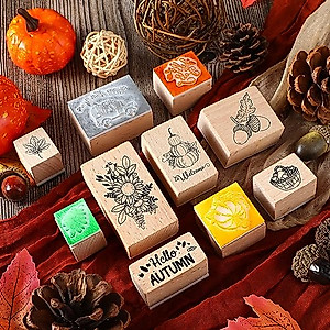 Woanger 15 Pcs Fall Wooden Rubber Stamps and Craft Ink Pads Wooden Rubber Stamp for Scrapbooking and DIY Craft Card Stamps Pads Stamps, Paper, Wood Fabric Fall Holiday Stamps