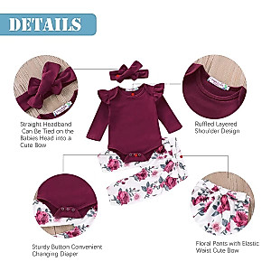 CETEPY Baby Girl Clothes Newborn Outfits Infant 3Pcs Tops + Pants + Headband or Hats Wine red flower 0-3 Months 70cm