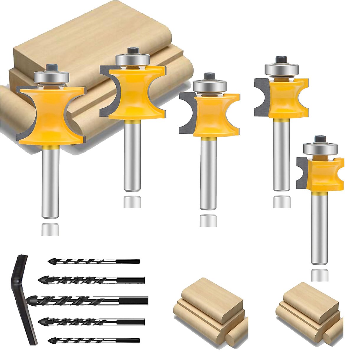 OLETBE Router Bits 1/4 Inch Shank Bullnose Bit 5PCS，Half Round Bearing Cabinet Shelf Door Edge Cutting Bits， Radius 1/8" 3/16" 1/4" 5/16" 3/8", Woodworking Milling Cutter CNC Tool(Panel)