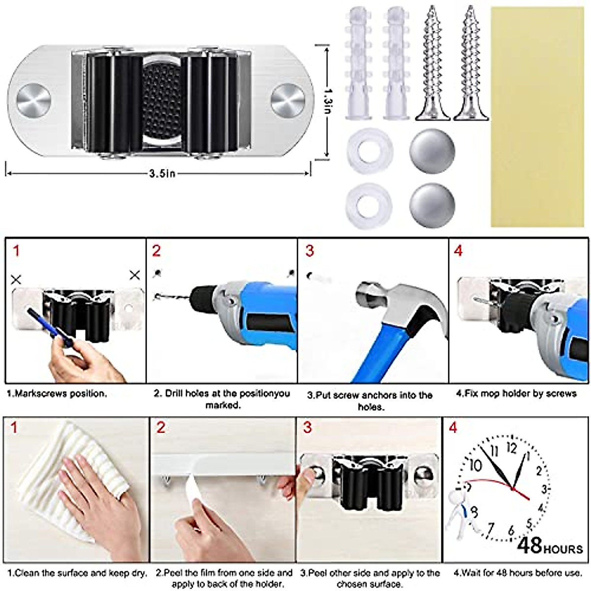 HYRIXDIRECT Mop and Broom Holder Wall Mount Heavy Duty Stainless Steel Wall Mounted Broom Organizer Laundry Room Home Garden Garage Storage and Organization Rack (Silver)