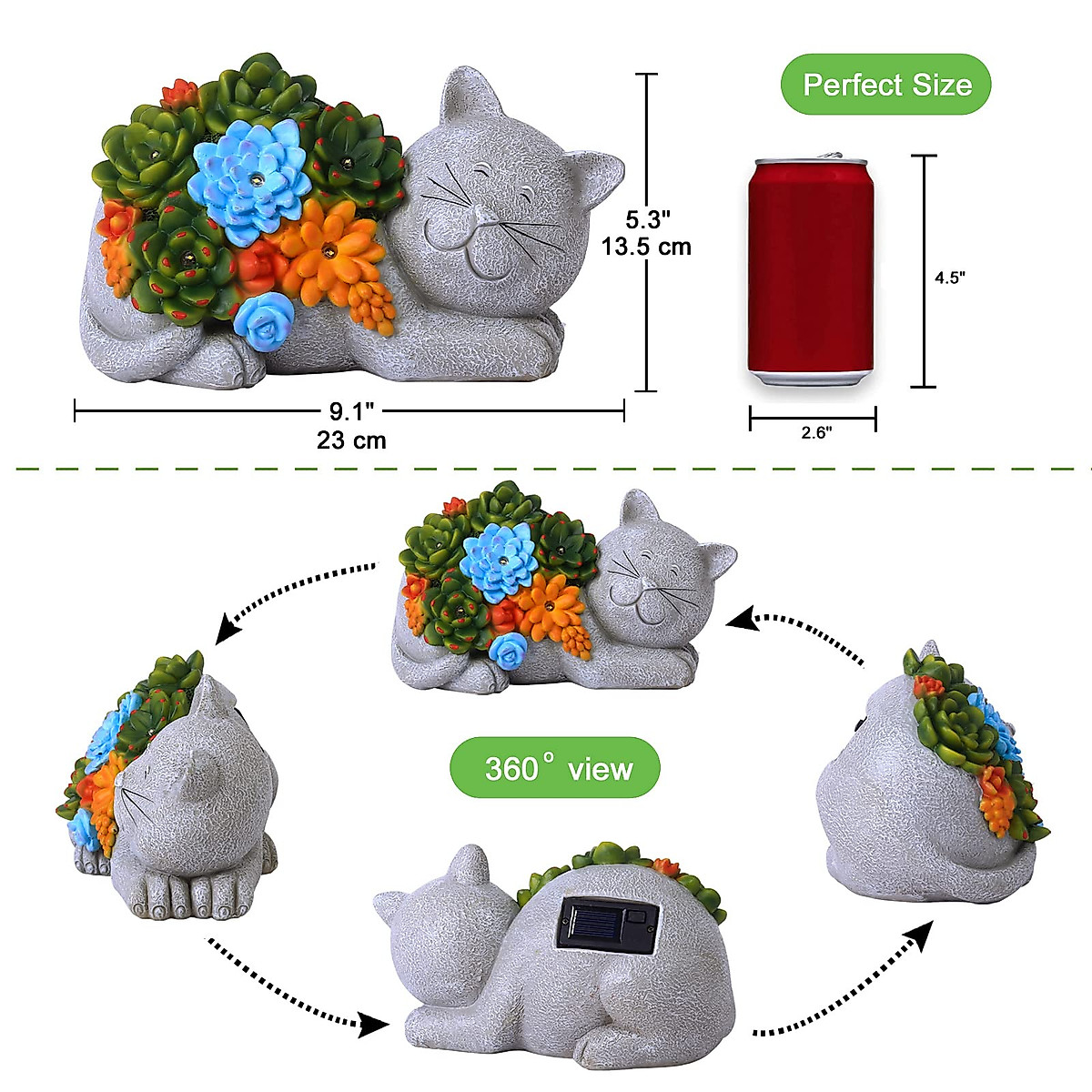 Qeeman Garden Outdoor Decor Cat Statue - Cat Resin with Solar Light Garden Statues Outsides Decorations for Cat Lovers Gardeners Family with Pets,Ornament Gift for Birthday/Mother’s Day