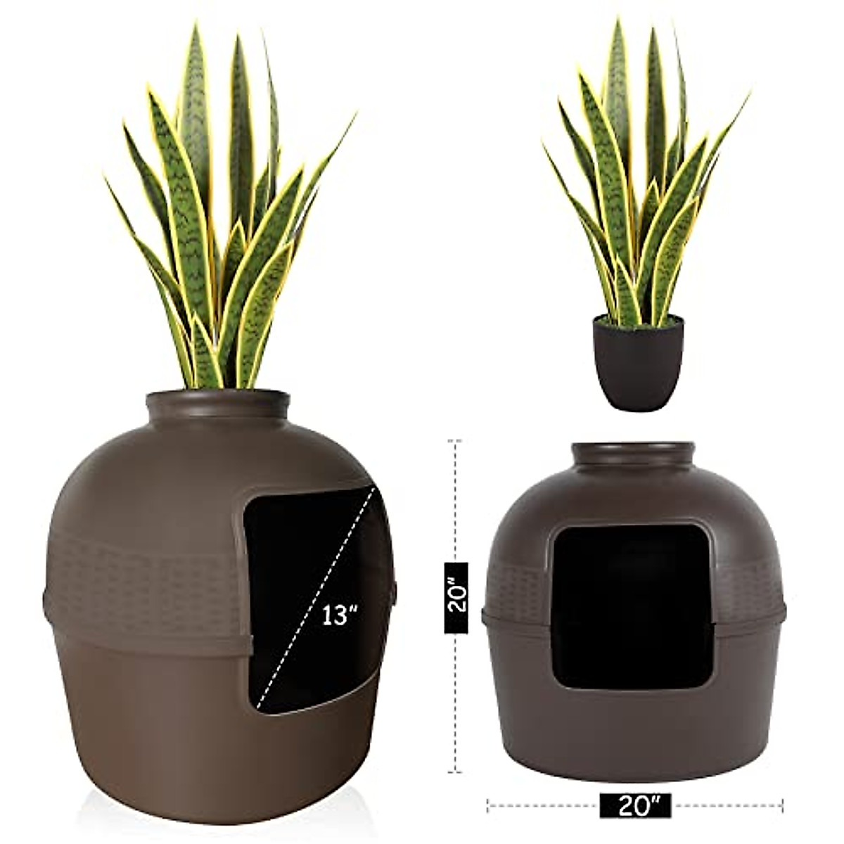 Hawsaiy Hidden Litter Box Enclosure, Plant Cat Litter Box Furniture Includes Faux Plant and Real Stones, Replaceable for Real Flowers Brown