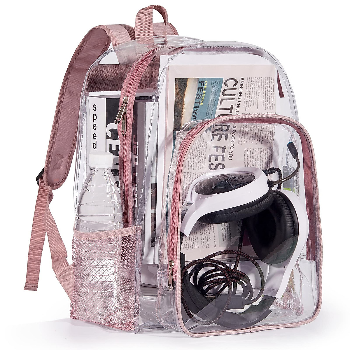 ZJIE Clear Backpack Heavy Duty Transparent Backpack See Through Backpacks Clear PVC Bookbags for School, Work, Travel, Festival, College, Rose Gold