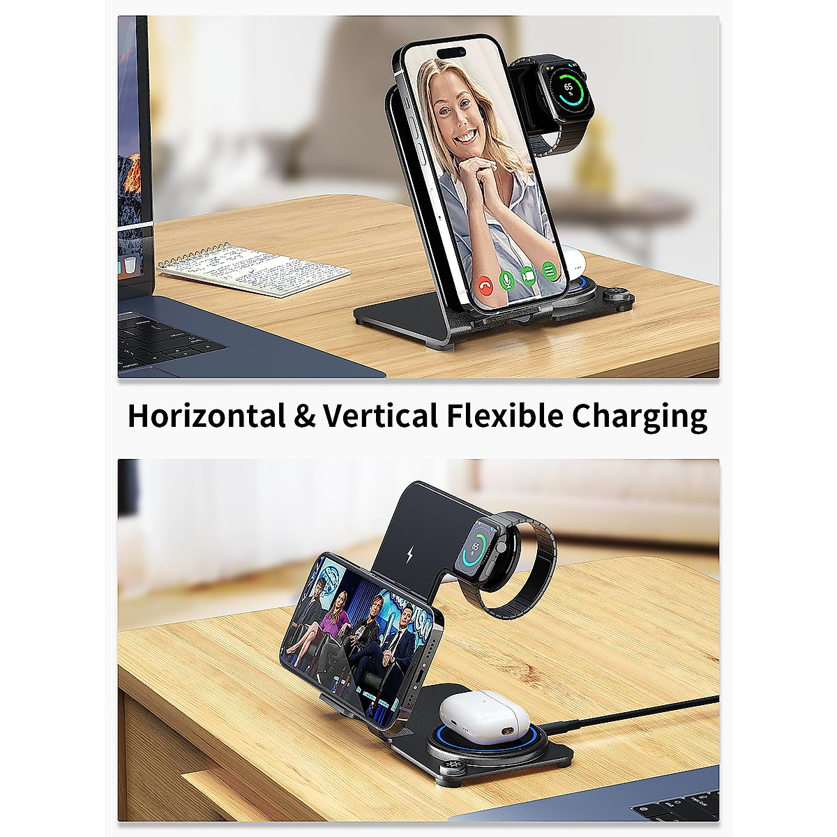 Wireless Charger 3 in 1,Aluminum Alloy Wireless Charging Stand 18W Fast Charging for iPhone 15/14/13/12/11/Pro/Max/XS/XR/X/8, iWatch9/8/7/6/5/4/3/2/SE, Airpods Pro/3/2